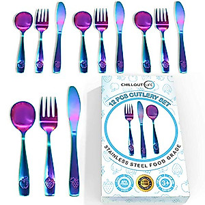 12 Piece Stainless Steel Kids Silverware Set - Child and Toddler Safe Flatware - Kids Utensil Set - Metal Kids Cutlery Set Includes 4 Small Kids Spoons, 4 Forks & 4 Knives - UV Rainbow