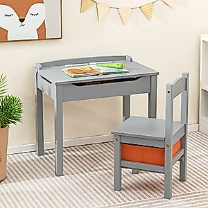 HONEY JOY Kids Table and Chair Set, Wooden Lift-Top Desk & Chair with Storage, Safe Hinged Lid, Activity Table Set for Craft Art, 2-Piece Children Furniture Set for Daycare, Kindergarten (Gray)