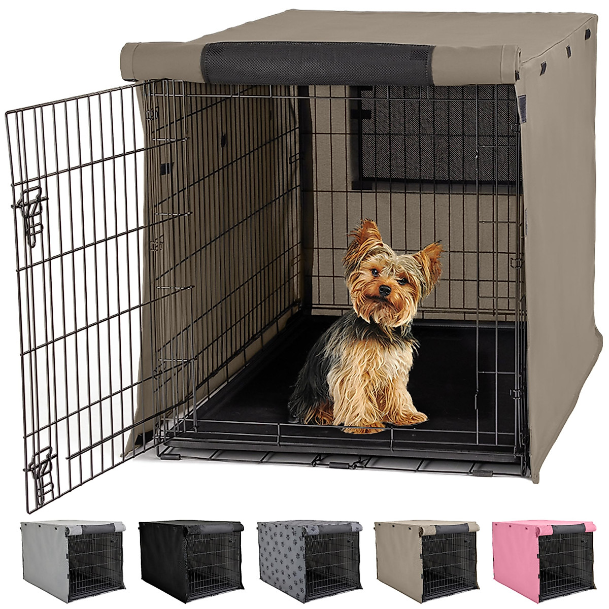 Gorilla Grip Dog Crate Covers Compatible with Amazon Basics Dog Crates, All Sides Open, Privacy Cover Fits 24" Wire Kennel, Breathable Mesh Windows, Light Reducing Puppy Training Cage Topper, Taupe