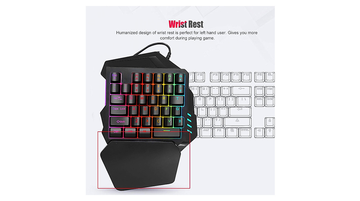 Single Hand Gaming Keyboard with Wrist Rest and Breathing Lights