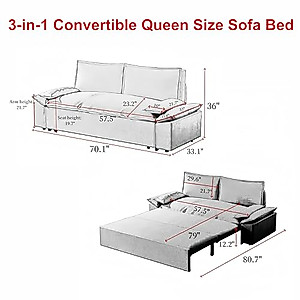 Oversized 3 in 1 Loveseat Sleeper Sofa Bed ,Comfy Love Seats W/Pull Out Sleeper Couch and Padded Armrests Convertible Queen Size Sofabed with 2 Lumbar Pillows for Home Office Apartment Living Room