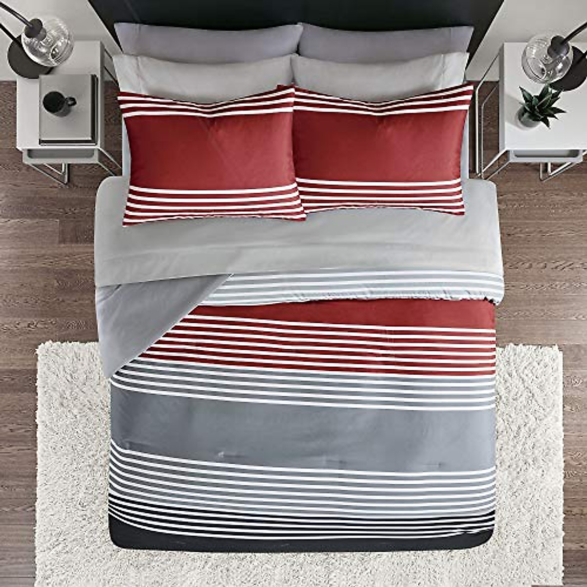 Comfort Spaces Full Comforter Sets with Sheets - Bed in a Bag 9 Pieces Teen Bedding Sets Full, Red and Grey Stripes Bedding Full, College Full Bed Set with 2 Side Pockets Bedroom Organizer