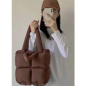 Puffer Tote Bag Women's Glossy Quilted Zipper Closure Puffy Tote Bag Down Padded Shoulder Bag Cute Handbag Aesthetic Handbag (Z-Brown)