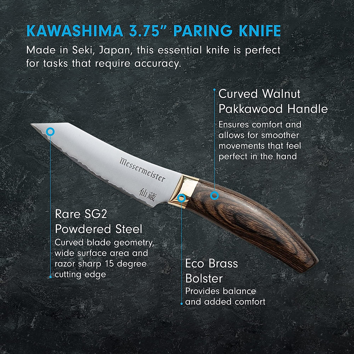 Messermeister Kawashima 3.75” Paring Knife - SG2 Powdered Steel, Eco-Brass Bolster & Walnut Pakkawood Handle - Made in Seki, Japan
