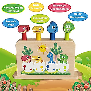Tacobear Pop Up Toy Wooden Dinosaur Montessori Games Preschool Learning Educational Toys for 1 2 3 Years Baby Toddlers Kids Boys Girls