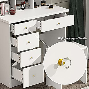FUFU&GAGA Vanity Set with Mirror, Makeup Vanity Dressing Table with 5 Drawers, Shelves, Dresser Desk and Cushioned Stool Set (Lighted Mirror Vanity Set, 31.5" W x 15.7" D x 55.1" H)