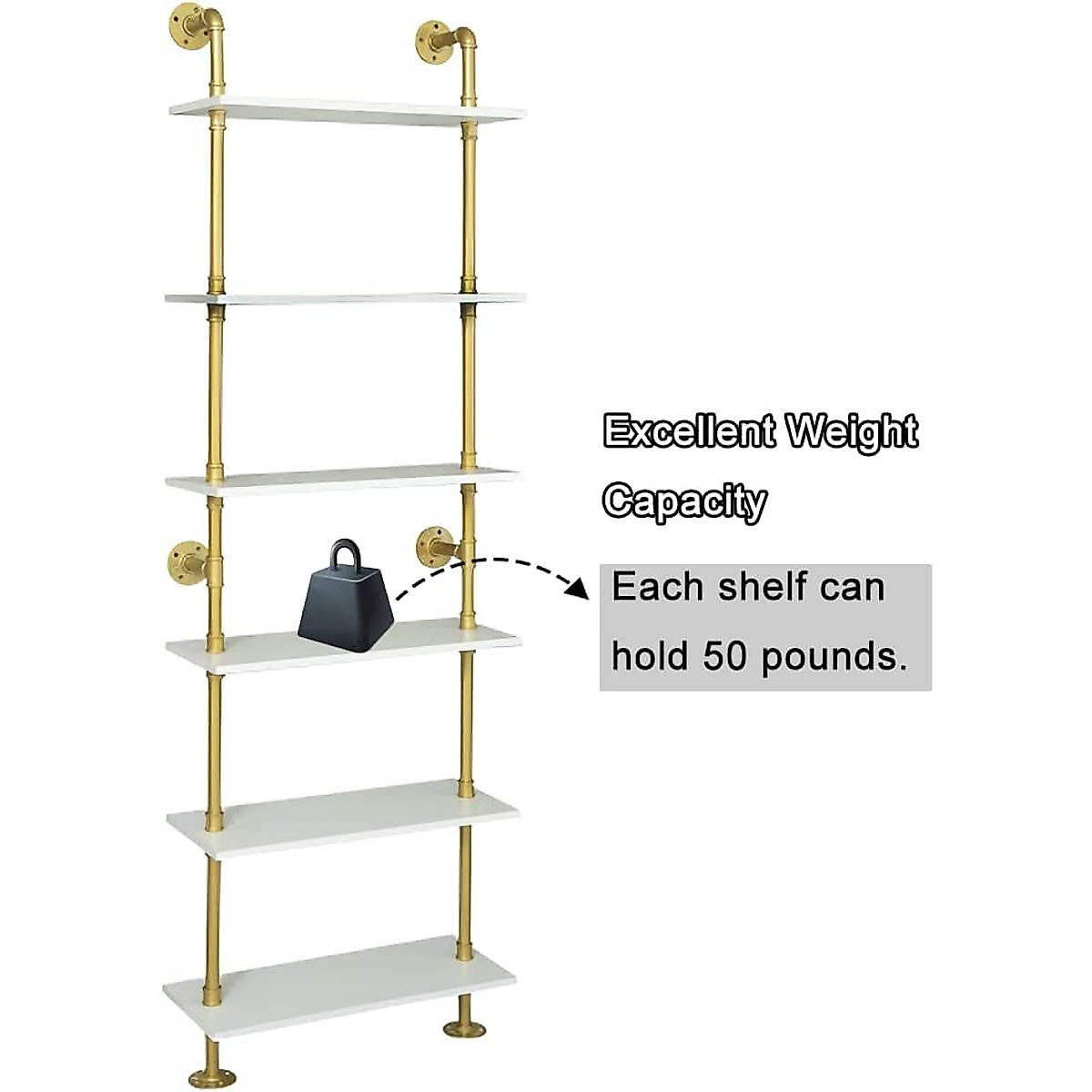 HEONITURE Industrial Gold Bookshelf-6 Tier Wall Mounted Ladder Bookshelf, Rustic Gold Storage Book Shelves Display Bookcases for Living Room/Home/Office