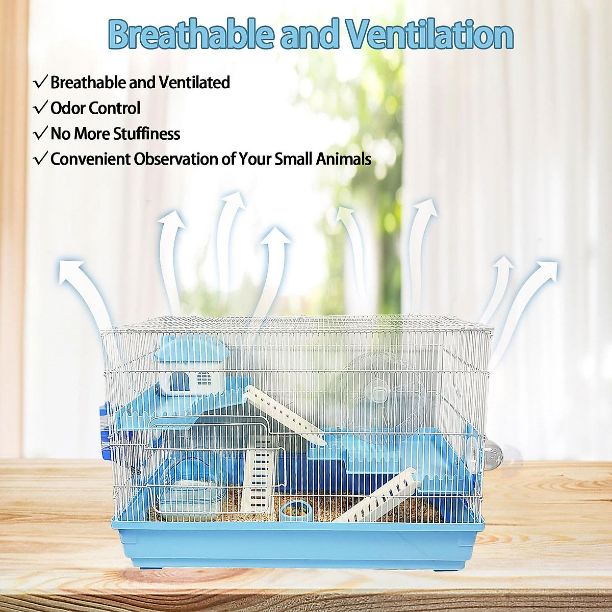 kathson Hamster Cages and Habitats Large Gerbil Cage with Accessories Hut Exercise Wheel Water Bottle Bowl Bathtub Small Animal Basic Cage for Syrian Hamster，3- Levels，22" L x 12.5" W x 14" H，Blue