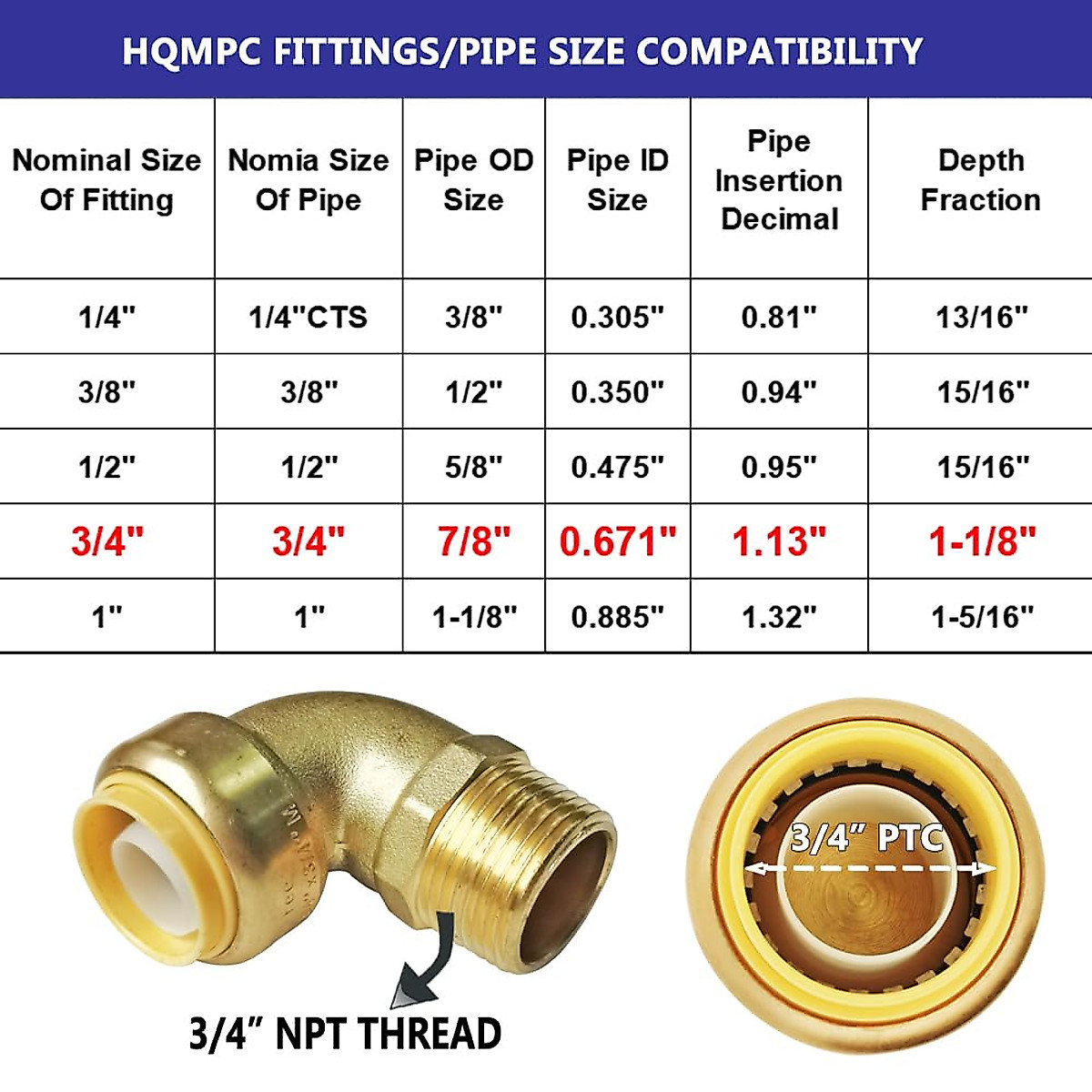 HQMPC 3/4" PEX Fittings No Lead Male PushFit Elbow 90-Degree - 6pcs 3/4" 90 Degree Elbow Push-to-Connect Plumbing Fitting for Copper, PEX, CPVC