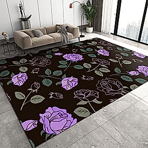 Purple Rose Black Background Area Rugs, Romantic Home Decor Floor Carpet, Indoor Area Rugs Non-Slip Durable Non Shedding Washable for Living Room Dining Room Bedroom Office 5ftx7ft