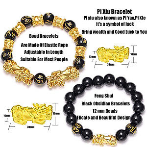 SOOWOOT 3Pcs Feng Shui Black Obsidian Bracelets Set - Good Luck Amulet Dragon Lucky Charm Pi Xiu Pi Yao Attract Wealthy bracelets for women men