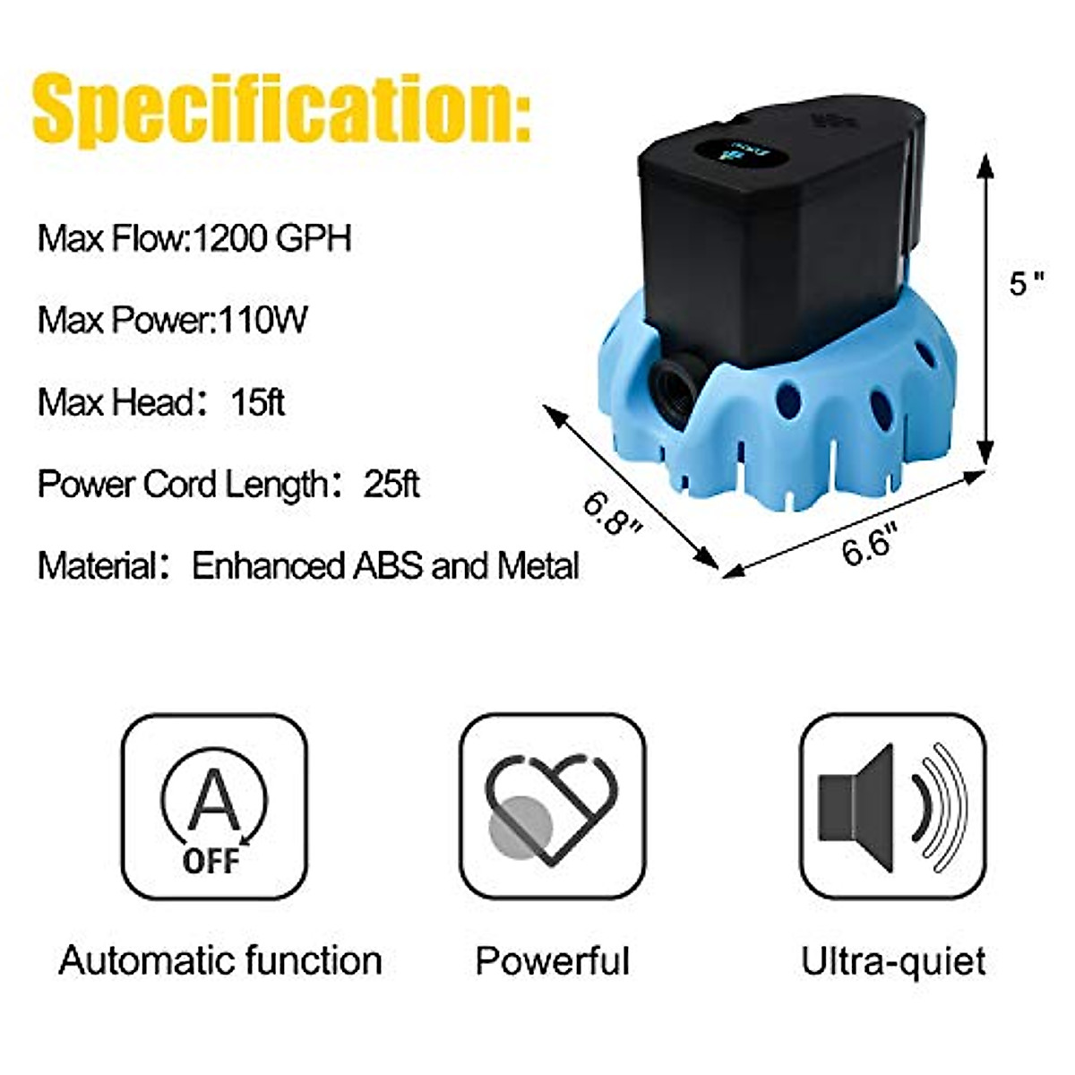 EDOU DIRECT Automatic Submersible Pool Cover Pump | HEAVY DUTY | 1,200 GPH Max Flow | 75 W | Includes 16' Drainage Hose, 2 Adapters | Pump ideal for draining water from above ground & inground pools