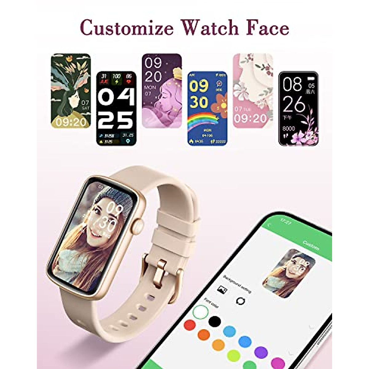 SHANG WING Smart Watches for Women Compatible with iPhone Android Phones, LYNN2 Slim Women's Watch Fitness Tracker Digital Watch with Heart Rate Monitor Pedometer Step/Sleep Tracker Waterproof Pink