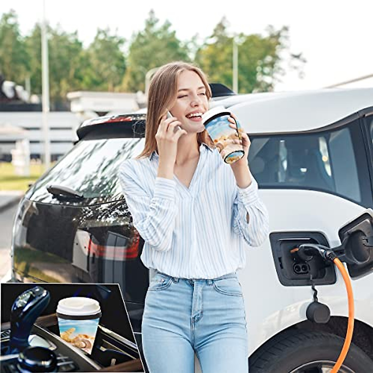 Beach Starfish Seashell Reusable Iced Coffee Cup Sleeve with Handle Neoprene Ice Coffee Cup Sleeve Small 18-20 oz Insulator Drink Holde for Coffee Cups Water Beverages Bottle