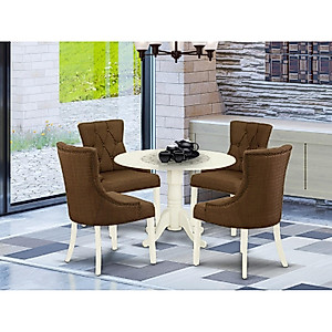 East West Furniture DLFR5-WHI-18 5 Piece Kitchen Table Set for 4 Includes a Round Dining Room Table with Dropleaf and 4 Brown Linen Linen Fabric Upholstered Chairs, 42x42 Inch, Linen White
