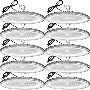 XYCN 10 Pack 300W UFO Led High Bay Light,120VAC,5000K Daylight Commercial Bay Lighting,IP66 Waterproof,45050LM,1300W MH/HPS with Plug Area Light for Warehouse/Shop/Workshop/Garage/Barn/Gym/Factory