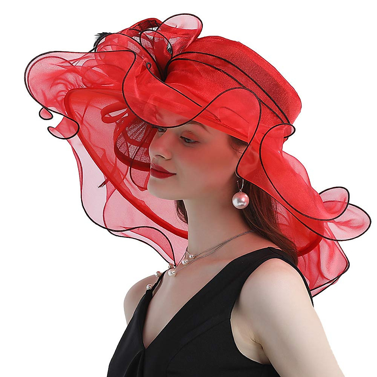 Go Mai Women Hats Organza Butterfly Decoration Wide Brim Occasion Event Kentucky Derby Church Dress Sun Hat Red