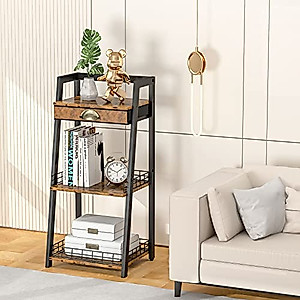 keomaisyto 3-Tier Bathroom Ladder Shelf, Bathroom Floor Storage Shelf with Drawer, Freestanding Tower Shelf, Open Shelving Unit for Bathroom Living Room Balcony