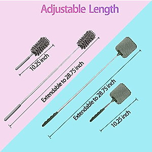 Retractable Fly Swatters Durable Plastic Fly Swatter Heavy Duty Set of 4 with Extendable Microfiber Feather Duster, Telescopic Flyswatter with Stainless Steel Handle for Indoor/Outdoor/Classroom