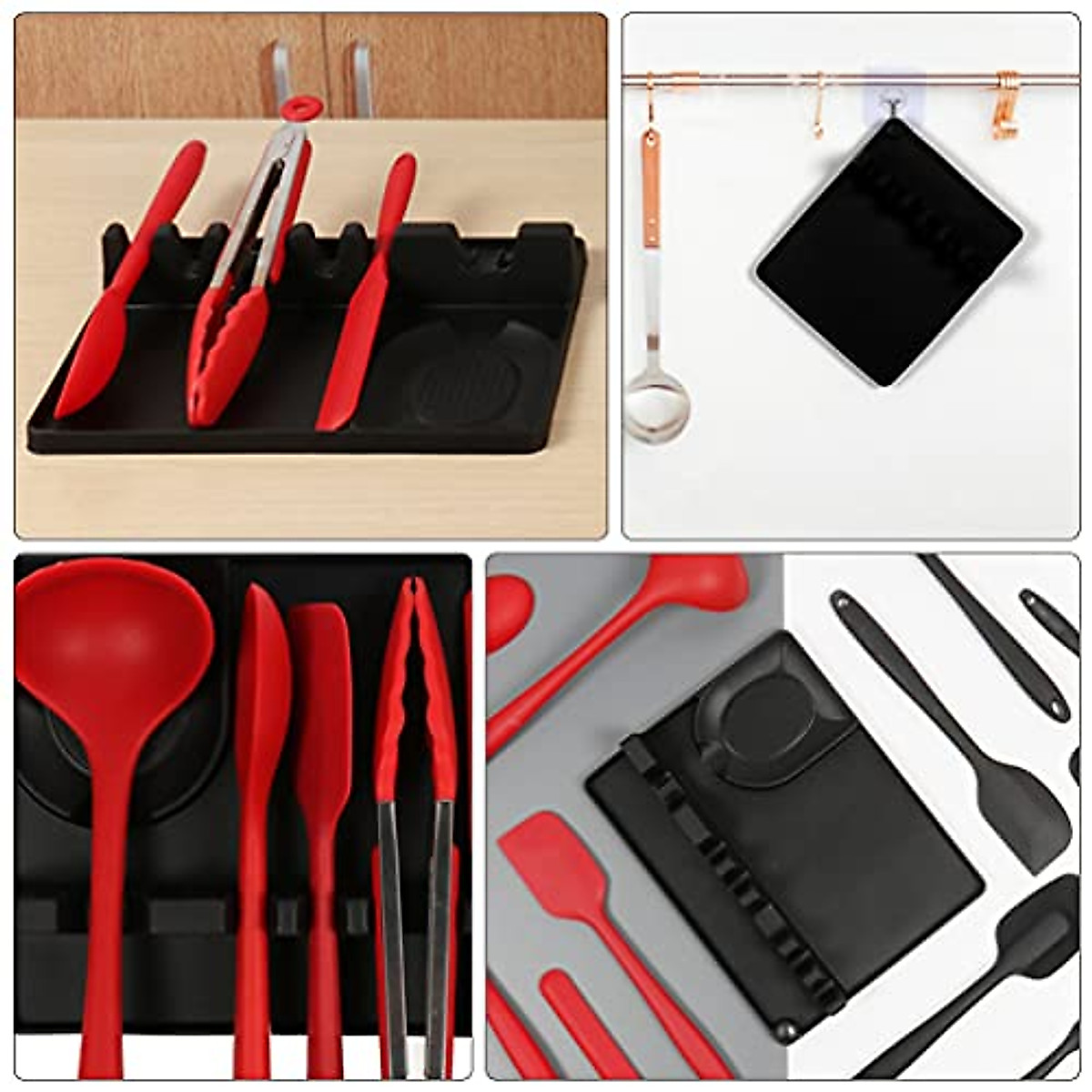 Cabilock Silicone Kitchen Spoon Rest Utensil Rest Drip Pad Non Slip Stove Top Spatula Holder for Ladle Tongs Kitchen Gadgets Cooking Tools Black