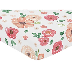 Sweet Jojo Designs Peach and Green Baby or Toddler Fitted Crib Sheet for Watercolor Floral Collection - Pink Rose Flower