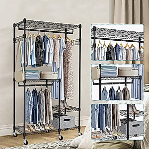 tonchean Rolling Wire Garment Rack Heavy Duty Clothes Rack for Hanging Clothes Freestanding Clothing Rack Closet Wardrobe Rack with Shelves and Wheels