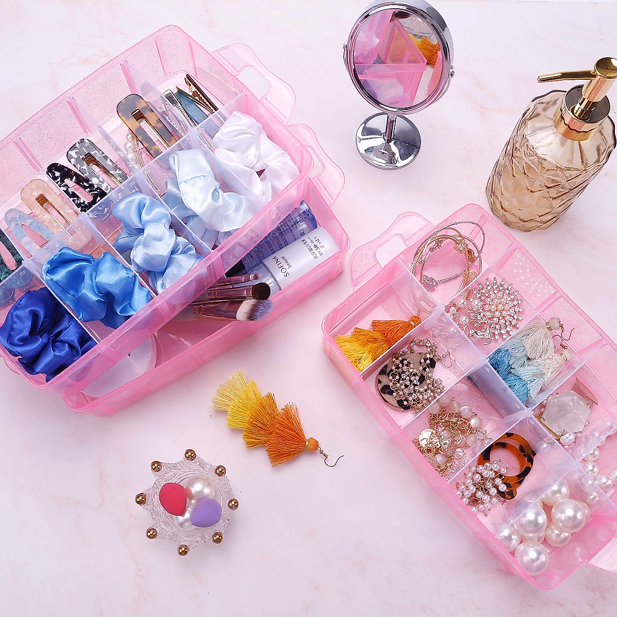 SGHUO 3-Tier Pink Craft Storage Container, Stackable Organizer Box with Dividers for Art Supplies, Beads, Washi Tapes, Seed, Hair Accessories, Nail, 9.5X6.5X7.2in