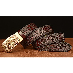 HYJTYA Men's Ratchet Genuine Leather Belt with 3D Eagle Sliding Buckle,Vintage Western Cowboy Leather Engraved Belt (Gold Brown, 39" to 42" Waist Adjustable)