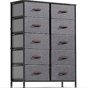 WAYTRIM 10 Drawer Storage Organizer, 10-Drawer Dresser, 10 Fabric Storage Tower for Bedroom, Tall Wide Dresser, for Hallway, Dormitory, Closet, Living Room, Sturdy Steel Frame, Wooden Top - (Grey)