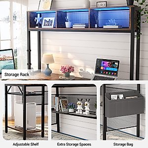 Aheaplus L Shaped Gaming Desk with LED Lights & Power Outlets, 55 Inch L-Shaped Computer Desk with Storage Shelf & Monitor Stand, Corner Desks 2 Person Reversible Desk Home Office Desk, Rustic Brown