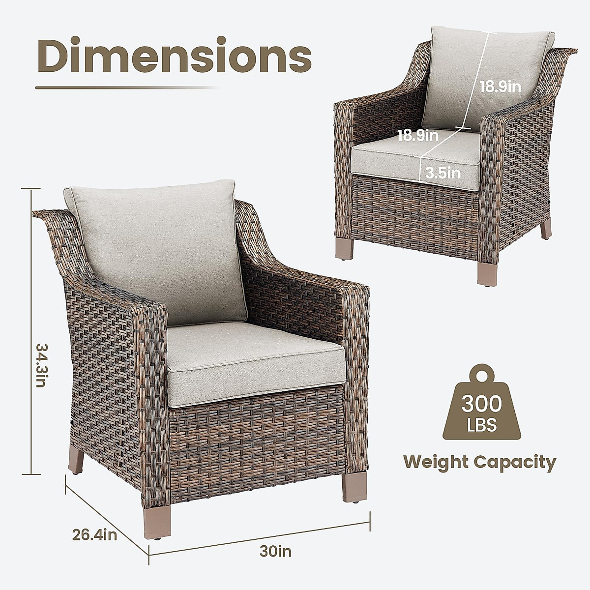 Outdoor Wicker Patio Chairs Set of 2 - Heavy Duty Outside Modern PE Rattan Lawn Chair for Front Porch Balcony Backyard Yard Deck Poolside Apartment – Brown/Beige