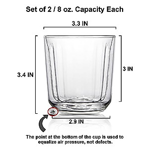 Aquach Double Wall Glass Espresso Cup 8 Oz Set of 2 - Insulated Clear Coffee Mug for Hot/Cold Drinks, Microwave Safe