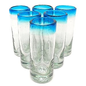 Dos Sueños Hand Blown Mexican Tequila Shot Glasses – Set of 6 Aqua Rim Tequila Shot Glasses (2 oz each) …