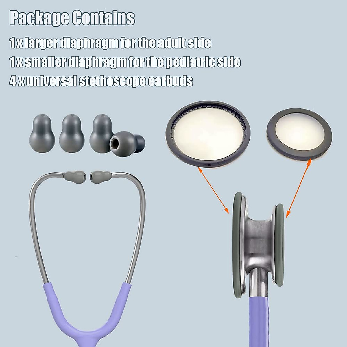Decaw Stethoscope Replacement Parts Diaphragm and Ear Tips Kit, Adult Pediatric Covers With Silicone Earpieces Repair Accessories Fits Littman Classic Ⅲ 3, Cardiology Ⅲ 3 & Ⅳ 4 Stethoscope（Gray）