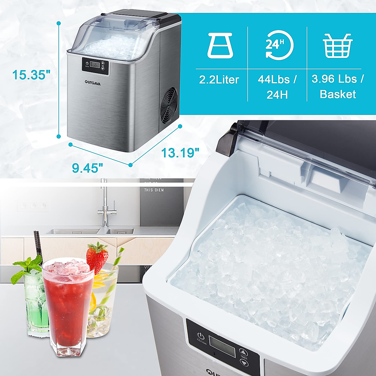 OUTGAVA Nugget Ice Maker Countertop Compact Ice Making Machine with Auto-Cleaning Function, 44Lbs in 24 Hours,Portable Pellet Ice Maker Machine with Ice Scoop and Basket for Home/Office/Bar/Party
