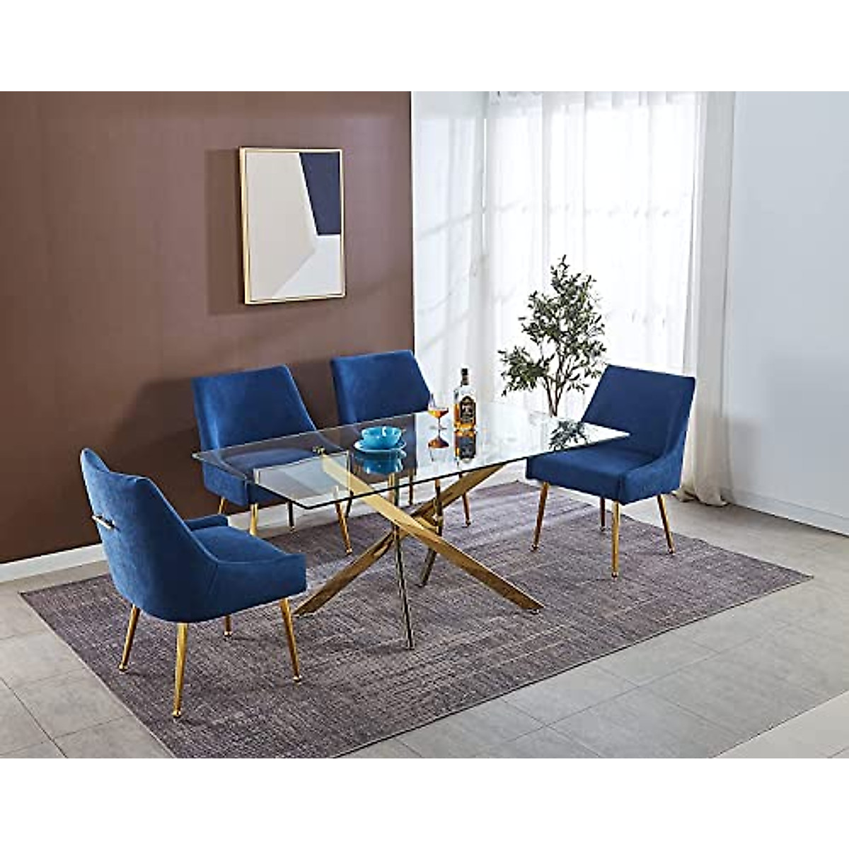 Glass Dining Table for 6 - Dining Room Table with Gold Stainless Steel Legs, 63 inch Rectangular Dining Table Kitchen Table, Modern Dining Table for Kitchen Dining Room, Home Office Furniture