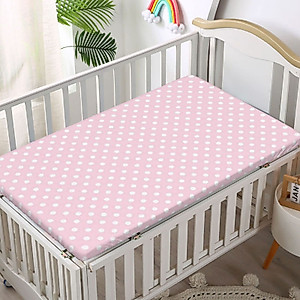 Polka Dots Themed Fitted Crib Sheet,Standard Crib Mattress Fitted Sheet Ultra Soft Material-Baby Crib Sheets for Girl or Boy,28“ x52“,White Pink