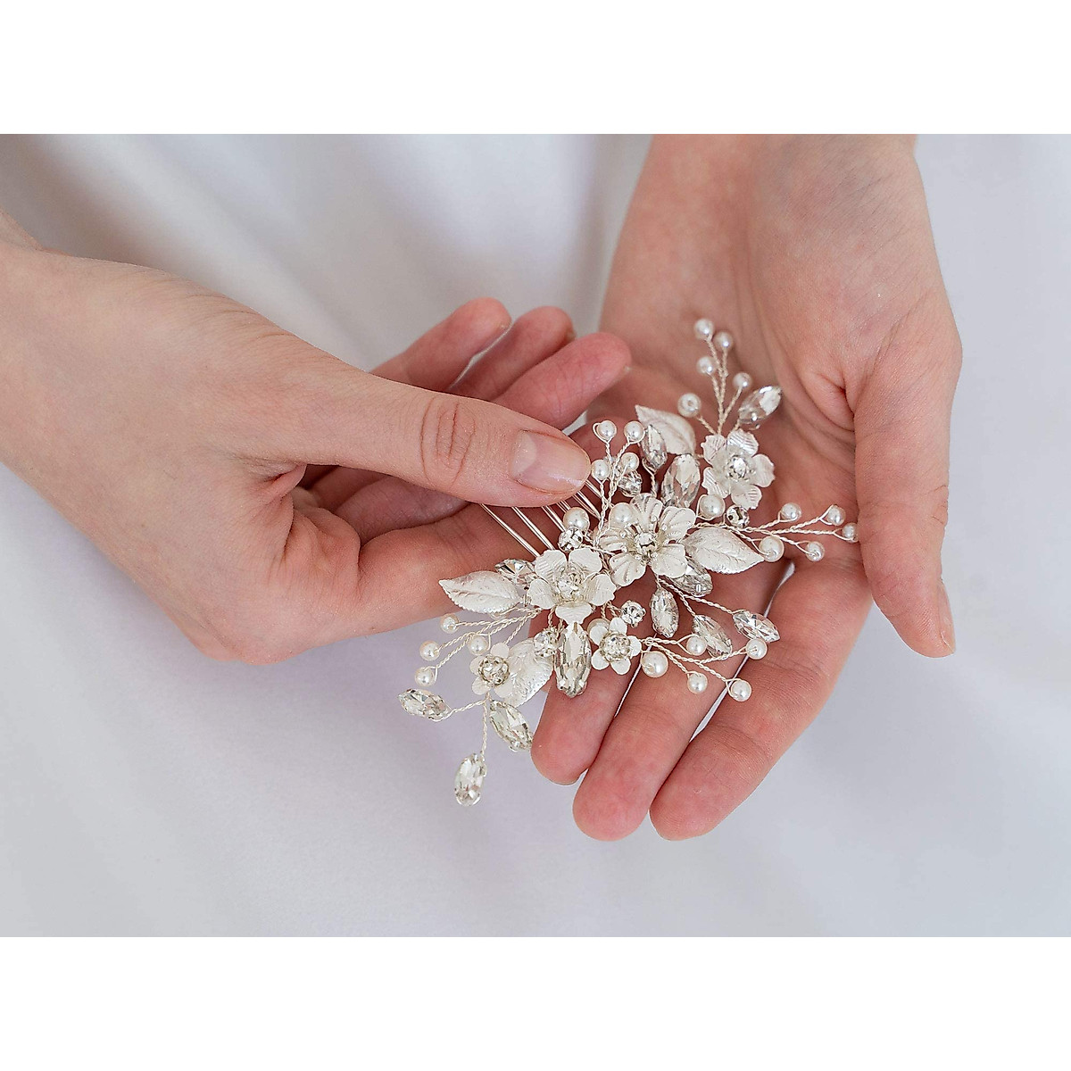 SWEETV Silver Bridal Hair Comb for Wedding Hair Accessories, Handmade with Crystals, Pearls, and Leaves, 4.72 x 2.75 inches, for Brides, Women