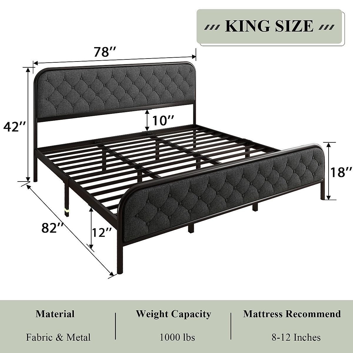 Feonase King Size Bed Frame with Linen Upholstered Headboard, Heavy Duty Metal Platform Bed with 12" Under-Bed Storage Space, No Box Spring Required, Easy to Assemble, Gray