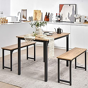 Giantex Dining Table with Bench, Modern Studio Collection Table with 2 Benches, Kitchen 3Pcs Bench Dining Table Set with Metal Frame for Living Room, Kitchen, Small Space