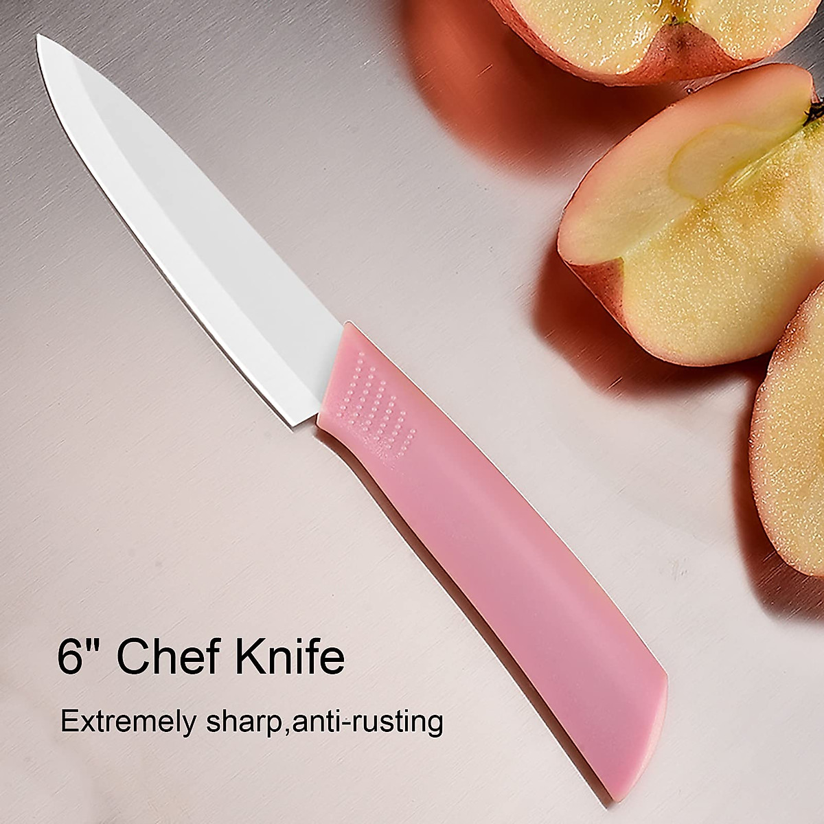 wgzixezn Ceramic Knife Set with Covers Pink Handle 6 Kitchen Knives Pcs - 6" Chef Knife 5" Utility Knife 4" Fruit Knife 3" Paring Knife Knife Block Holder and a Peeler,Pink