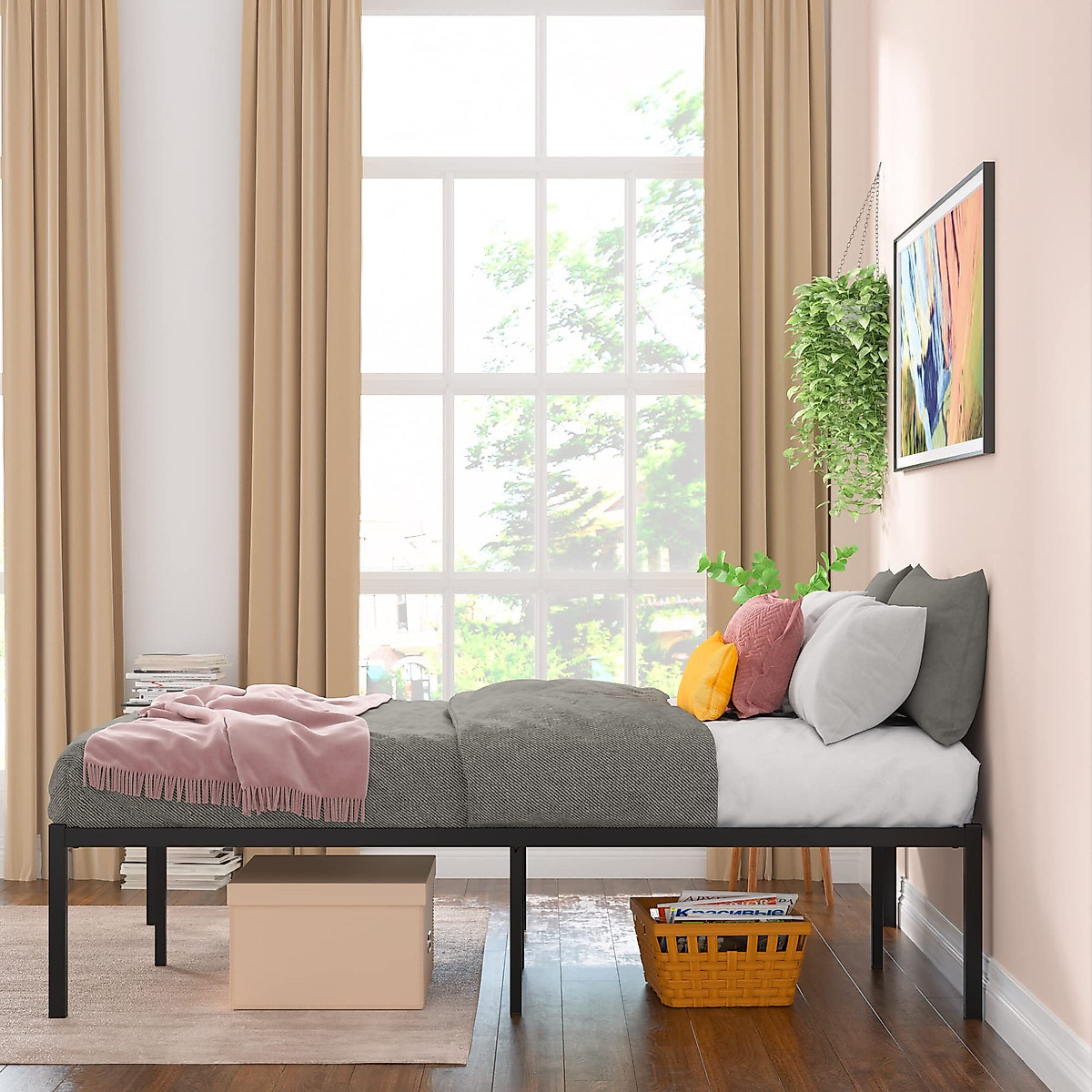 Elephance Queen Bed Frame with Storage Space 16 Inch Black Bedframe No Box Spring Needed Metal Platform with Heavy Duty Steel Slat Support, Easy Assembly