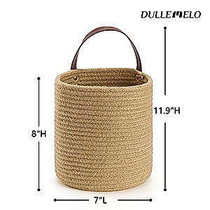 DULLEMELO Small Jute Hanging Baskets 2 Pack 7"(D) x 8"(H), Jute Woven Hanging Storage Basket With Leather Handle, Small Storage Basket for Wall Decor Plants (Jute)