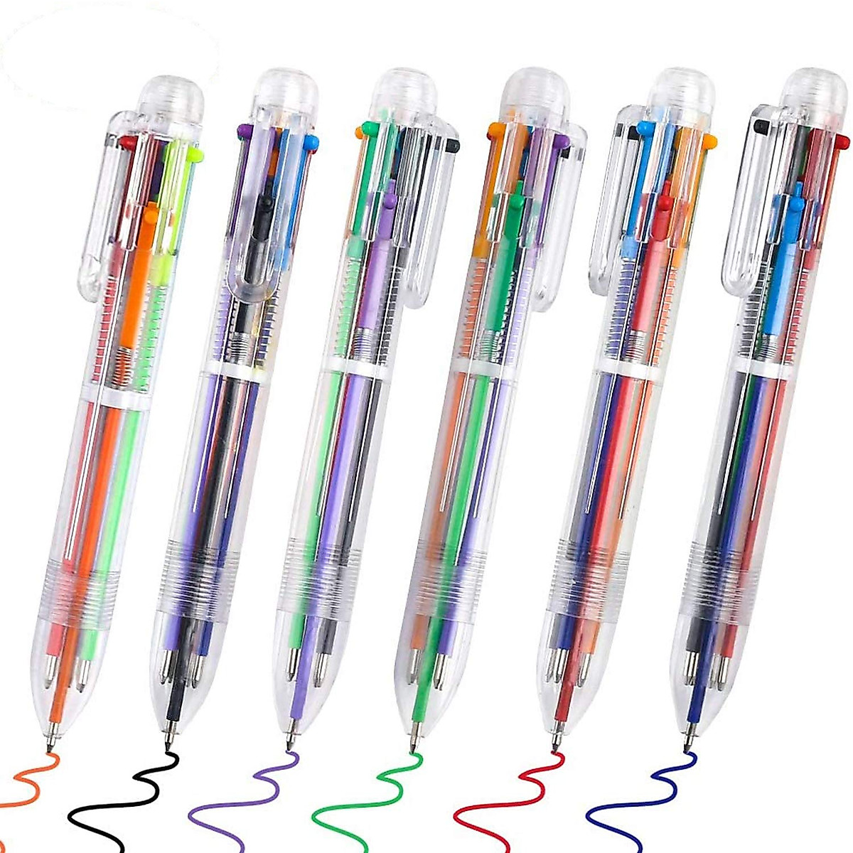 Eeoyu 6 Pack Multicolor Pens 0.5mm 6-in-1 Retractable Ballpoint Pens 6 Colors Transparent Barrel Ballpoint Pen for Office School Supplies Students Children Gift