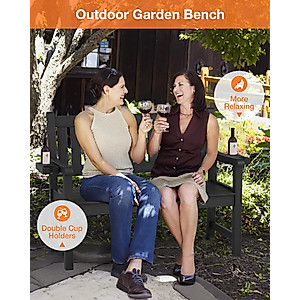 YEFU Outdoor Bench, 2-Person Garden Benches, All Weather HIPS Patio Seating Bench with 2 Cup Holders, Patio Park Bench for Patio, Front Porch, Outdoors, Backyard, and Park, Load up to 800 Lbs, Black