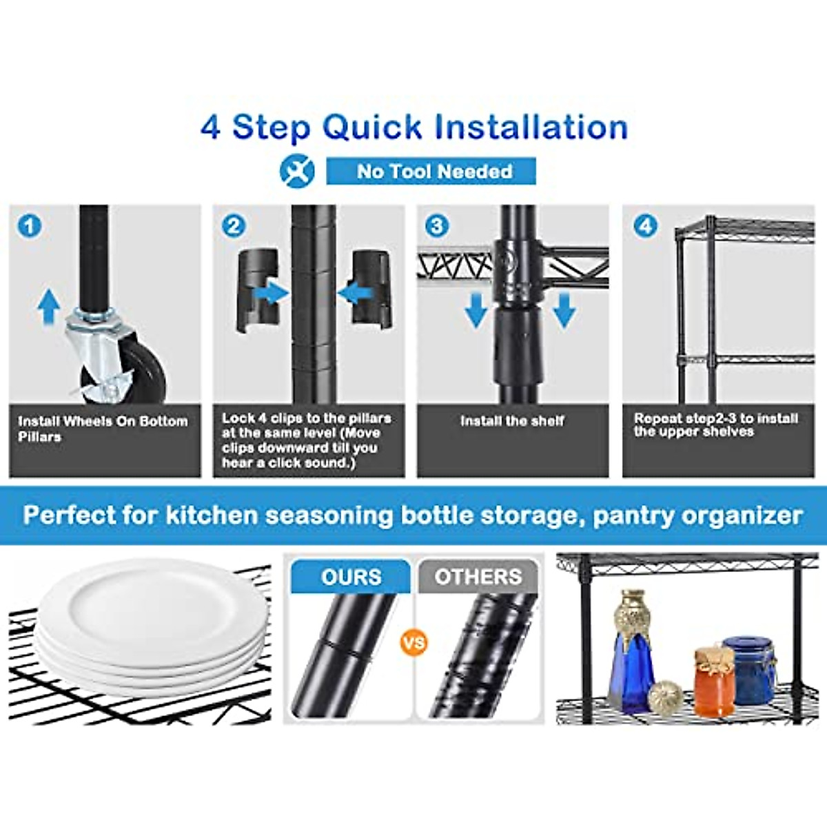 BIQWBIC 6 Tier Storage Shelves Wire Shelving Unit, 48" Lx18 Wx72 H Adjustable Heavy Duty Metal Shelving Rack with Wheels, NSF Adjustable Storage Shelf Garage Shelves-1320 Lbs Capacity, Black