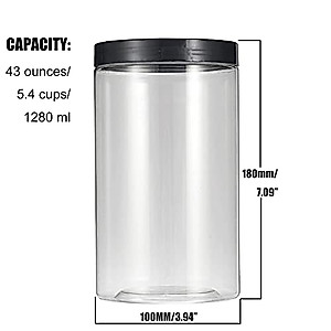 VeleGO 43oz (1280 ml) Clear Plastic Jars with Smooth Black Lids and Labels (6 Pack), Wide Mouth, BPA Free, PET Jars Bulk for Home & Kitchen Pantry Organization and Storage (Black)