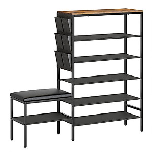 FURKO Shoe Rack with Seating Bench,Shoe Storage Organizer for Entryway,Large Capacity 6-Tier Shoe Shelf,Steel Frame Wood Top,for Closets, Hallway,47.6 * 11.8 * 43.8 Inches, Rustic Brown