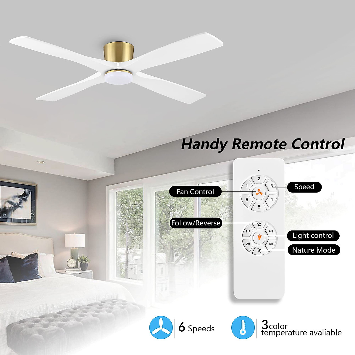 WINGBO 60 Inch Flush Mount DC Ceiling Fan with Lights and Remote, 4 Reversible Carved Wood Blades, 6-Speed Noiseless DC Motor, Hugger Ceiling Fan in Brass Finish with White Blades, ETL Listed