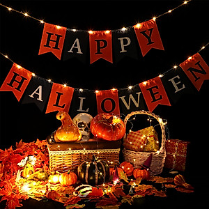Happy Halloween Banner Halloween Decoration Fabric Banner Garland with String Light for Fireplace Decorative Halloween Black Orange Banner Halloween Flag Party Mantel Hanging Decoration Supplies